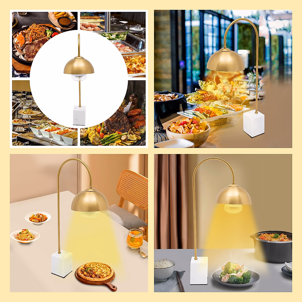 Food Heat Lamp,250W Countertop Food Heating Lamp w/Explosion-Proof Infrared Bulb,3200K 122°F Freestanding Compact Food Warmer Light,Stainless Steel+Marble Base Commercial Heat Lamp for Food, Bronze