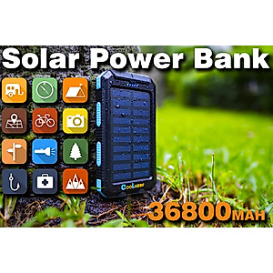 Solar Power Bank 36800mah, Solar Charger Power Bank with 18W PD 5V 3.1A outputs, IP67 Waterproof, Grade A+ Battery with LED Flashlight and Compass, Perfect Camping Gear Accessory for Outdoor (Blue)