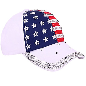 Soochat 4th of July Cap American Flag Baseball Cap Sparkle Rhinestone USA Flag Hip Hop Hat for Women Men