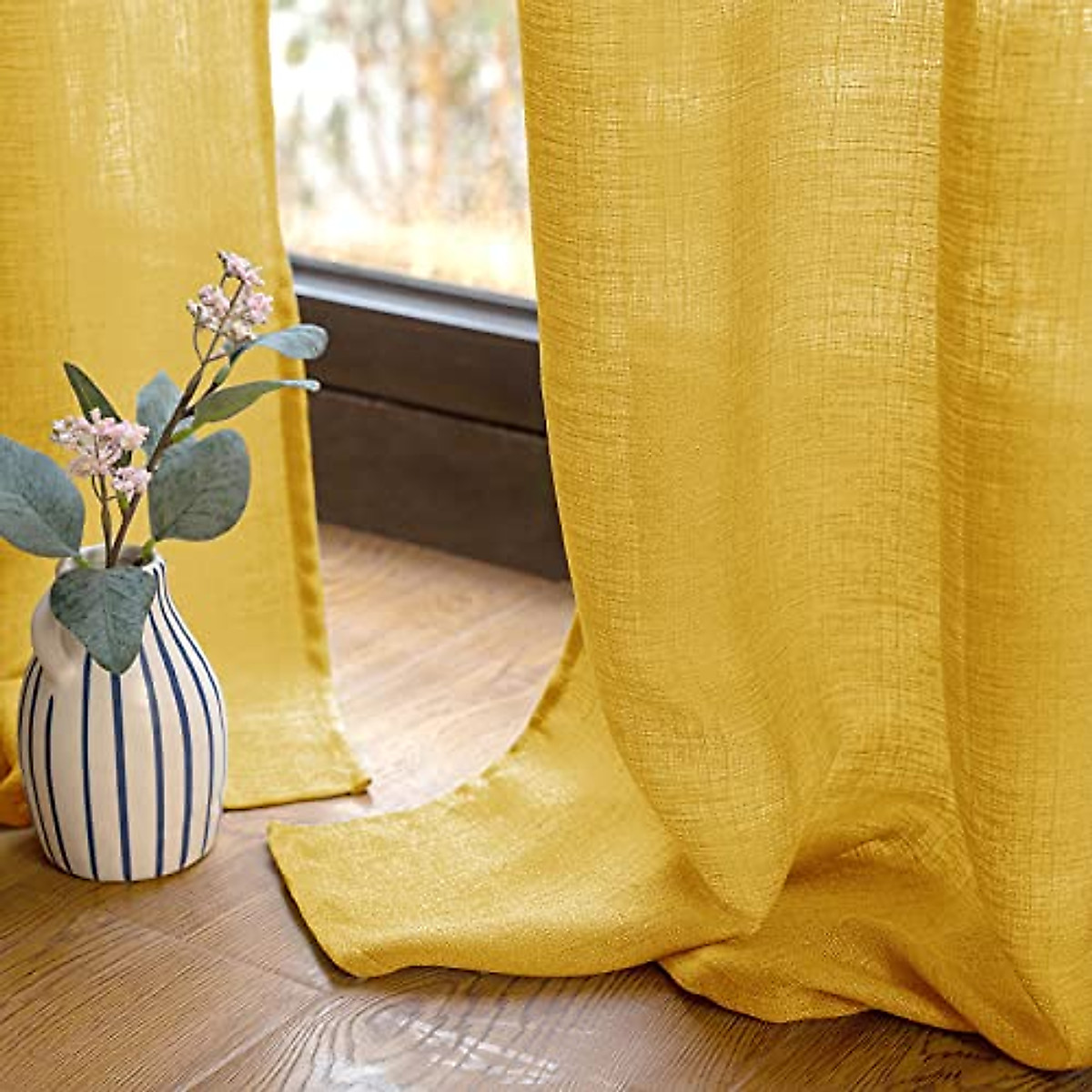 MIULEE Gold Faux Linen Textured Semi Sheer Curtains 2 Panels for Living Room Bedroom Light Filtering Thick Linen Privacy Window Curtains Golden Mustard Yellow Grommet Voile Drapes W 52 x L 72 inches