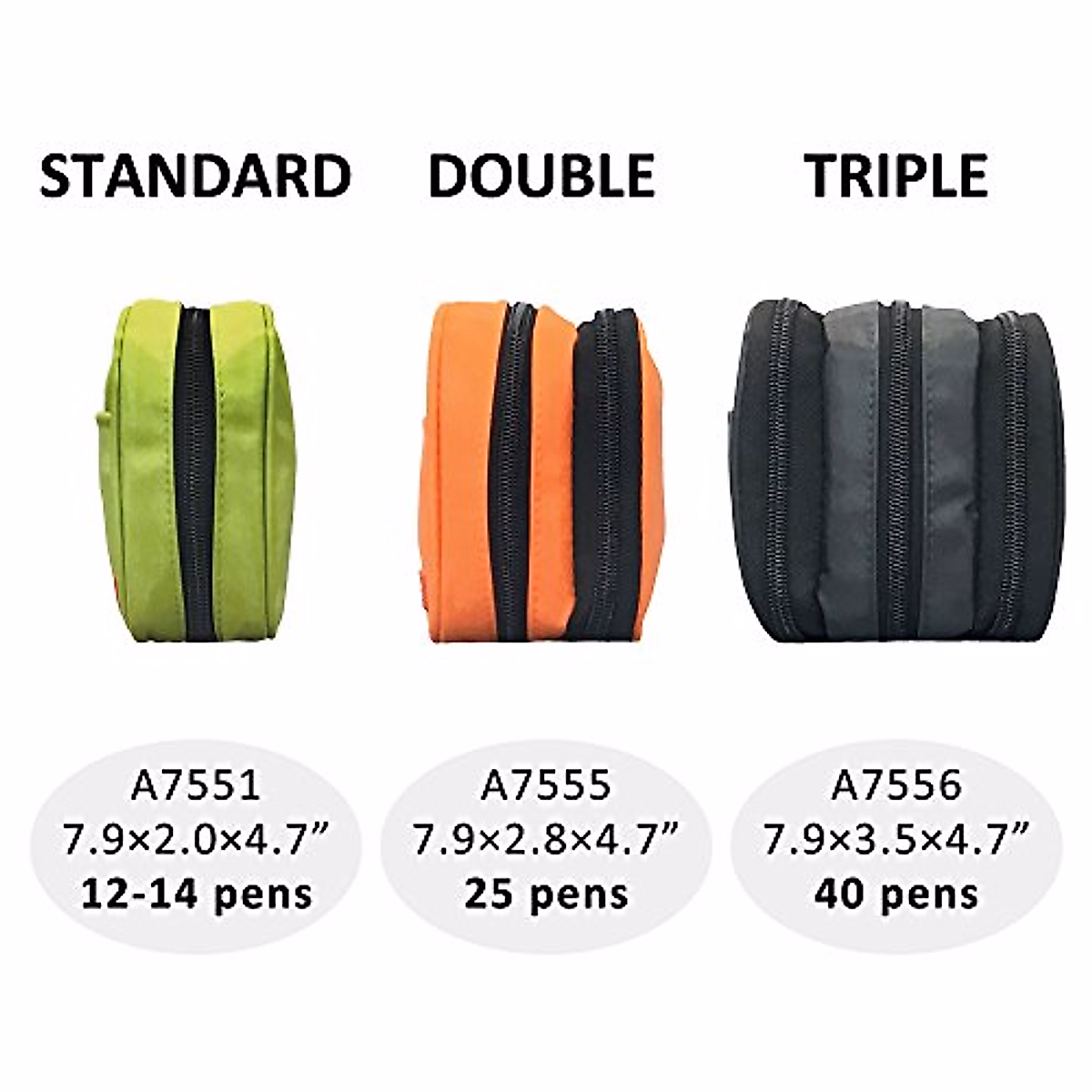 LIHIT LAB Large Capacity Triple Zipper Pencil Case For School Office College, Big Capacity 8 Compartments Pencil Bag Holder Adults Teen Boys Girls, Travel Cosmetics Storage, Jet Black (A7556-124)