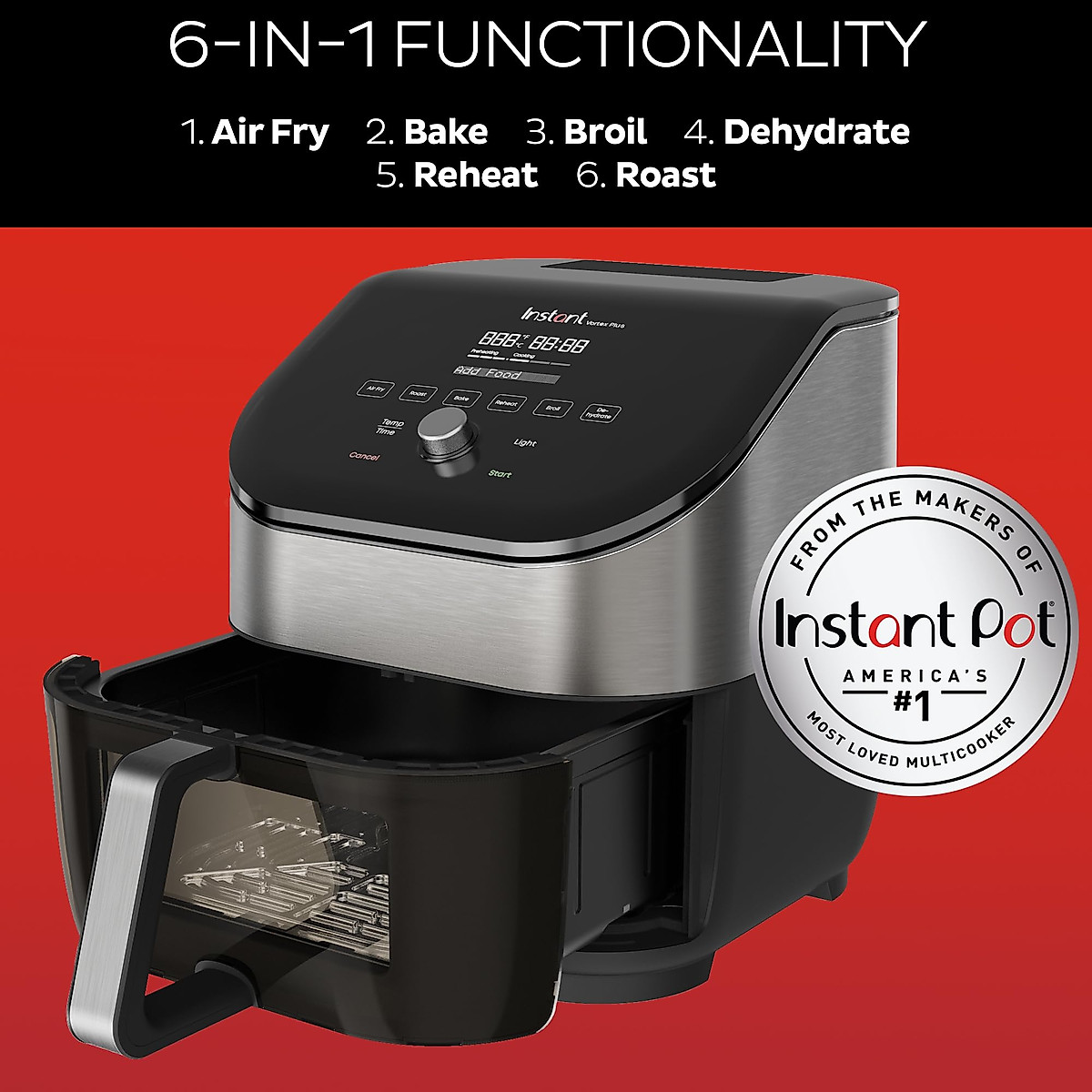 Instant Vortex Plus 6-Quart Air Fryer Oven, From the Makers of Instant Pot with Odor Erase Technology, ClearCook Cooking Window, App with over 100 Recipes, Single Basket, Stainless Steel