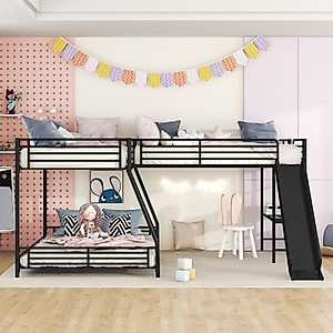 Triple Bunk Beds, L-Shape Twin Over Full Bunk Bed Attached a Loft Bed with Desk, Triple Bunk Beds with Slide, Metal Corner Bunk Bed Frame for Three Kids Boys Girls Teens, Black