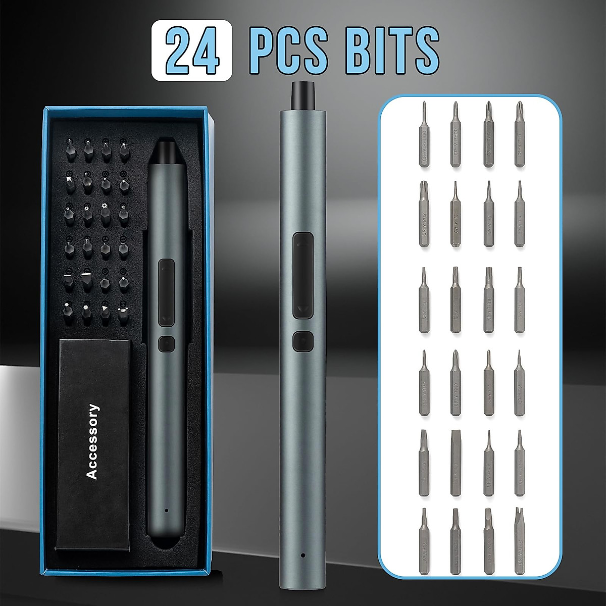 3.7V Mini Electric Screwdriver, 24 IN 1 Cordless LED Light Mini Screwdriver Set with 24 S2 Magnetic Bits, 2 Torque Settings, Precision Screwdriver Set Tool Set for Phone|PC|RC|Watch