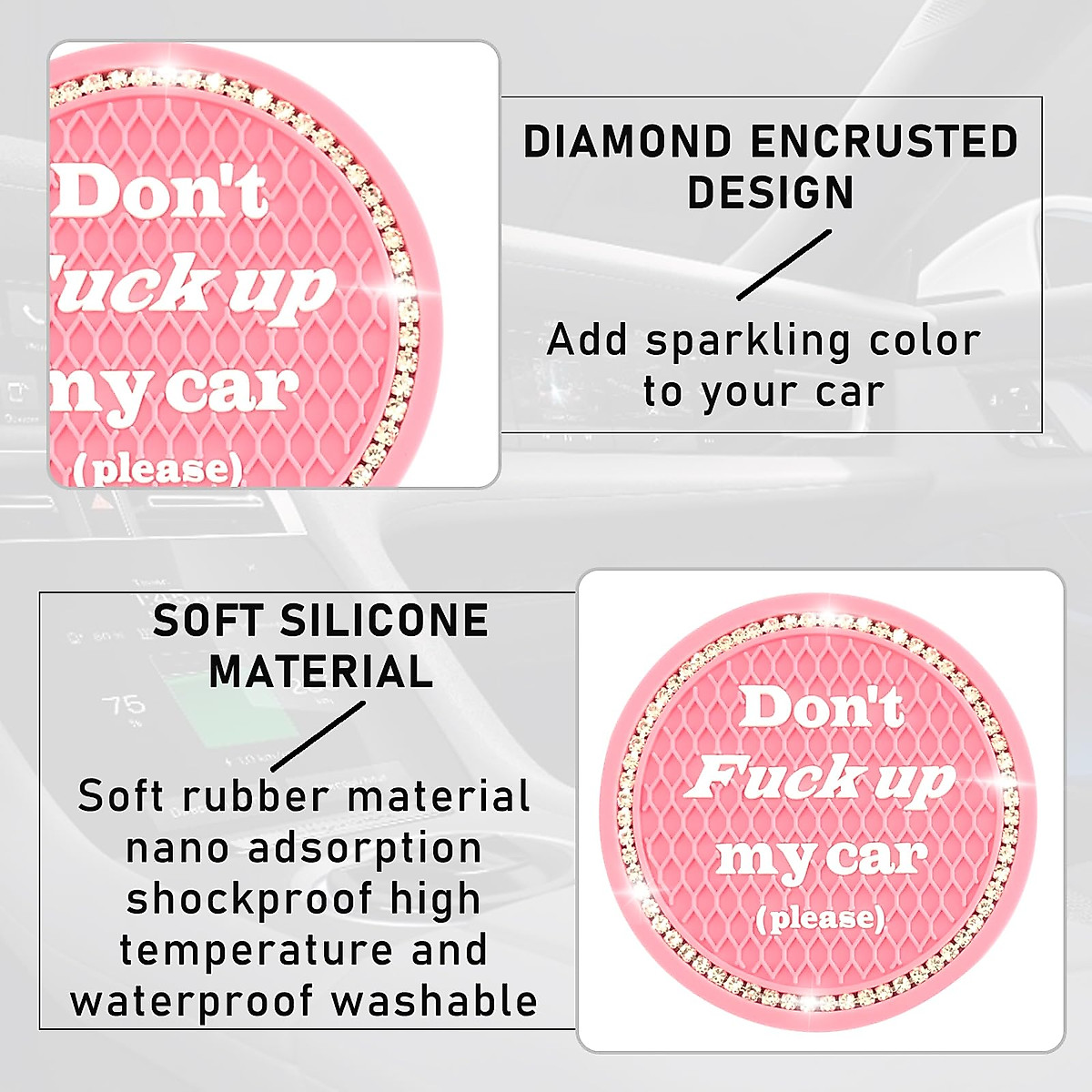 Kewucn 2 Pack Bling Car Cup Holder Coasters, 2.79 inch Anti-Slip Soft Rubber Crystal Rhinestone Auto Cup Insert Pad, Universal Vehicle Interior Decor Accessories for Car SUV Truck (Pink)