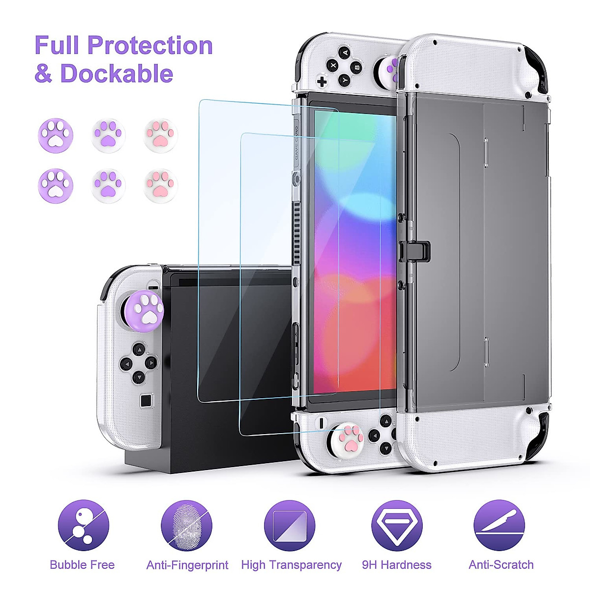 Switch OLED Case- innoAura 19 in 1 Switch Bundle with Switch Case, Switch Game Case, Switch OLED Screen Protector, Switch Stand, Switch Thumb Grips (Purple)