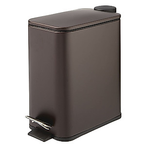mDesign Slim Metal Rectangle 1.3 Gallon Trash Can with Step Pedal, Easy-Close Lid, Removable Liner - Narrow Wastebasket Garbage Container Bin for Bathroom, Bedroom, Kitchen, Office - Bronze