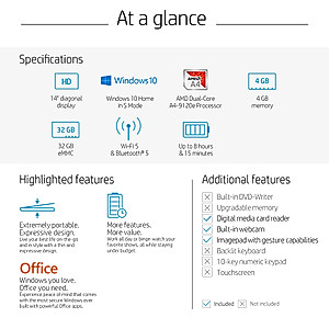 HP Stream 14-inch Laptop, AMD Dual-Core A4-9120E Processor, 4 GB SDRAM, 32 GB eMMC, Windows 10 Home in S Mode with Office 365 Personal for One Year (14-ds0020nr, Brilliant Black) (Renewed)