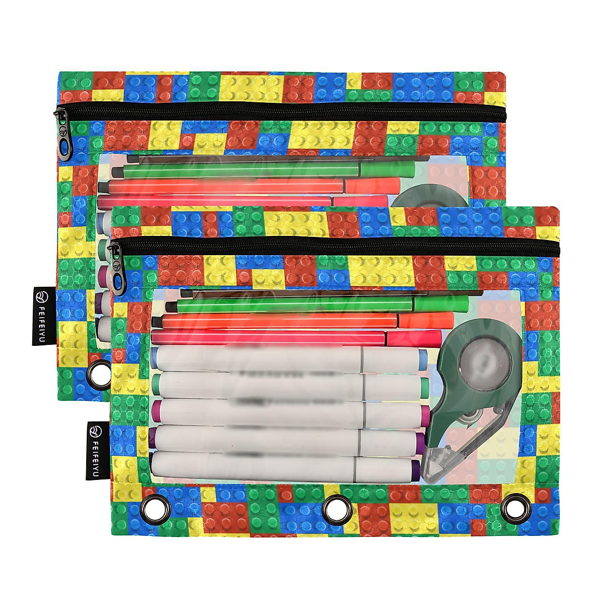 Gredecor Binder Pencil Pouch 3 Ring Plastic Building Blocks Zipper Pencil Pouches Case 2 Pack Clear Binder Organizer for School Office