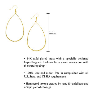 Columbus 14K Gold Plated Lightweight Statement Teardrop Hoop Earrings - Hammered Texture Drop Earrings (Gold)