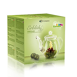 Creano Blooming Tea Gift Set with Glass Teapot 17oz (500ml) - Green Tea Fruity Flavoured Tea Flowers in 6 Varieties - Flowering Tea Gift for Easter
