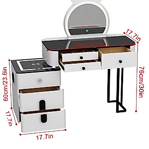 Topjia Makeup Vanity Set with Wireless Charging Station & Bluetooth Speaker, 6 Drawers Cute Smart Makeup Mirror Vanity Desk Chair,Large Capacity Movable Side Cabinet Makeup Vanity for Bedroom