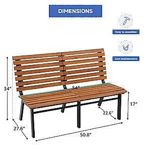 Soleil Jardin Outdoor Acacia Wood Garden Bench with Steel Legs, Patio Porch Chair Furniture, Slatted Design w/Backrest for Lawn, Balcony, Yard