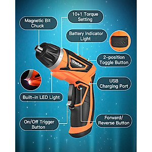 Vastar 8V Cordless Electric Screwdriver, 89Pcs Rechargeable Power Magnetic Screwdriver Kit in Carrying Case, with 10+1 Torque Settings, Dual Position Handle, Battery Indicator, Flexible Shaft, LED
