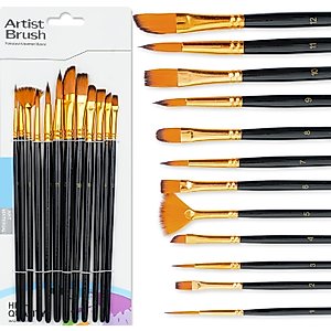 MAYYAYA 12 Pieces Crafts Artist Paint Brushes Set - Nylon Bristles with Round, Filbert, Flat, Fan, Angle, Fine Detail Brush for Artists and Beginners- Acrylic Painting, Oil, Watercolor (Black)