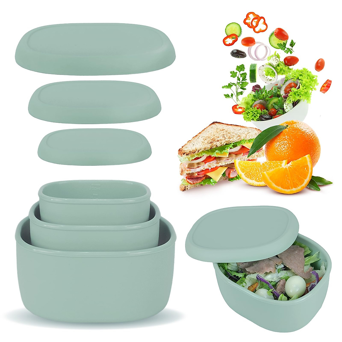 Anatole Silicone Food Storage Containers Set of 3 Lunch Box Bento with Lids BPA Free Dishwasher Microwave Oven Freezer Safe (6.7oz, 10oz, 20oz) Green