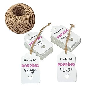 Gift Tags Thanks for Popping by to Celebrating with Us,100Pcs Paper Hang Tag for Wedding,Baby Shower Party Favors with 100 Feet Jute Twine (Rose Pink)