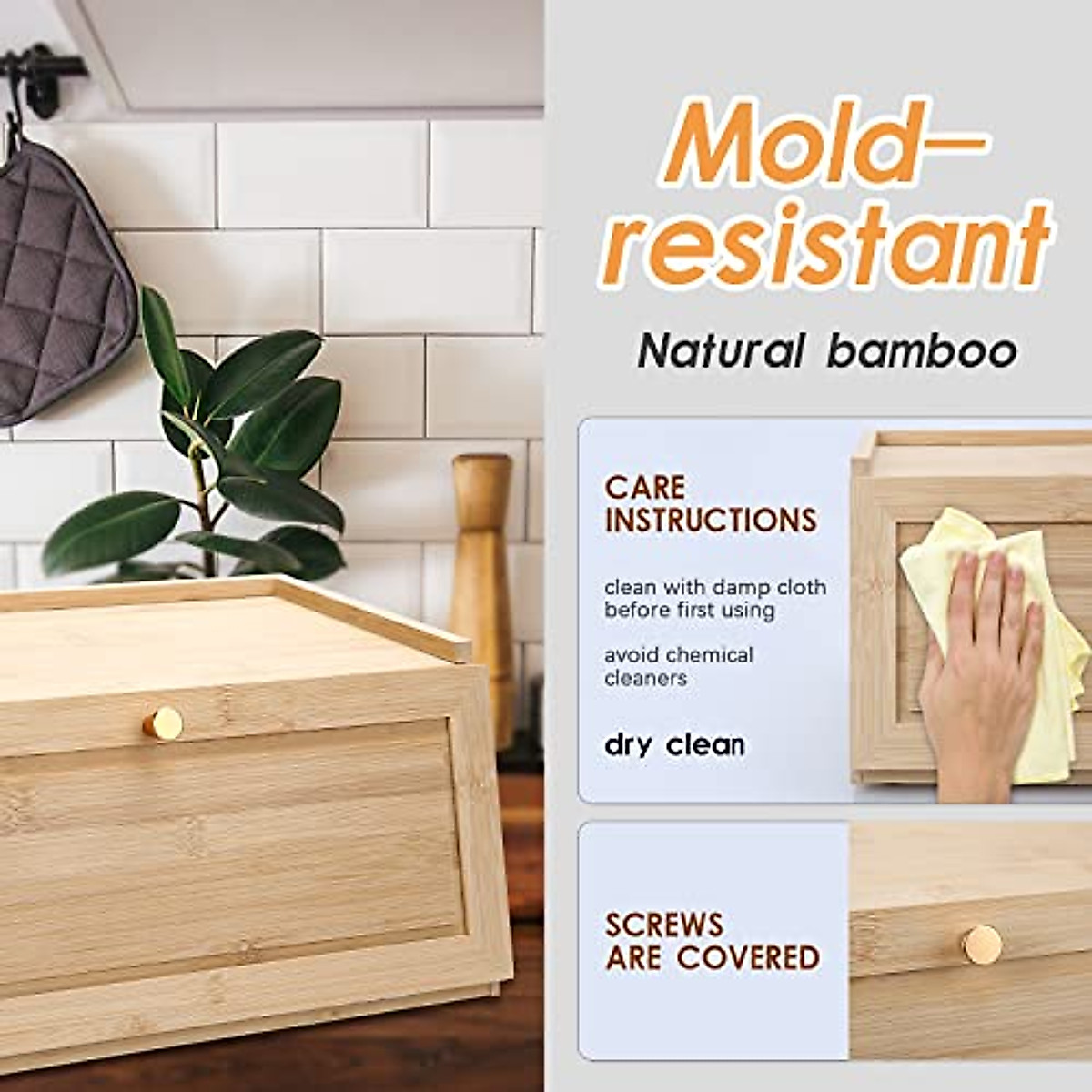 Upgraded Bamboo Bread Box, No Assembly Required Bread Box for Kitchen Counter, All In One Piece Bread Storage with Air Vents, Large Capacity Bread Storage Container, Bread Storage Organizer Holder