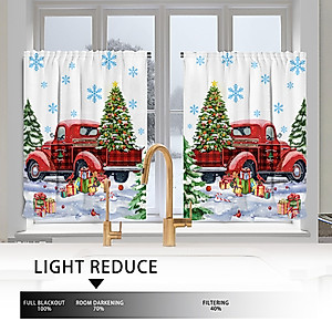 Christmas Kitchen Curtains, Christmas Decor for Home Snowman Valances for Windows, Red Truck Kitchen Curtains and Valances Set Christmas Decorations for Home, 27''x24'' 2 Panel & 54x18 Inch