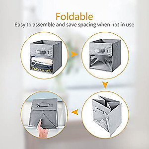 6 Pcs Foldable Fabric Storage Cubes, 11 Inch Cube Storage Bins, Cubby Storage Bins, Shelf Baskets with 2 Durable Handles and Clear Window, for Clothes, Toys, Books, Closet, Shelf, Kids Room, Grey