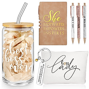 SiliFine 7 Pcs Boss Day Gift Sets Lady Thank You Gifts for Women Best Boss 16oz Glass Cup Makeup Bag Keychain A6 Notepad with 3 Ballpoints Pen Lady Leader Appreciation Day Christmas Favor(Brown)