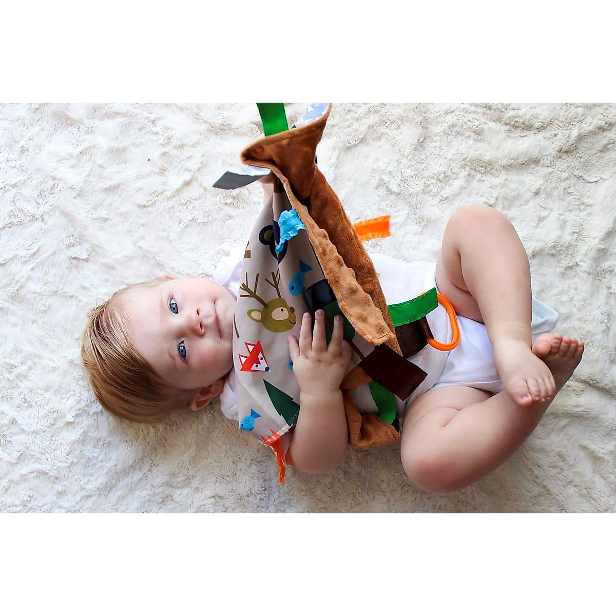 Baby Sensory, Security & Teething Closed Ribbon Tag Lovey Blanket with Minky Dot Fabric: 14”X18” (Forest)