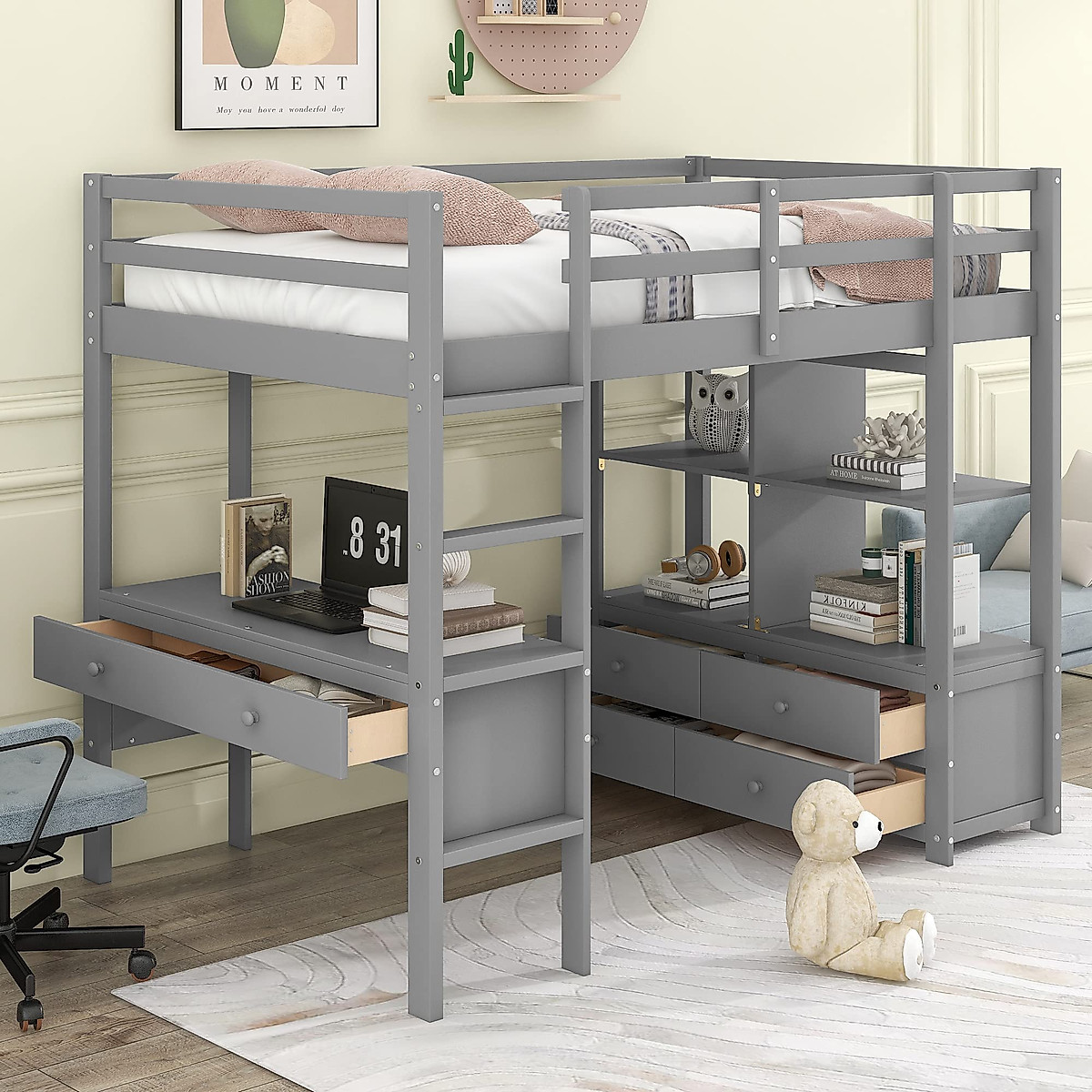 Harper & Bright Designs Twin Size Loft Bed with Desk and Storage, Wood High Loft Bed Frame with Shelves, Multifunctional Loft Bed Twin for Kids Teens Adults (Grey)