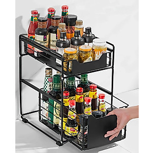 2 Tier Sliding Cabinet Basket Drawer Sliding Basket Under Sink Cabinet Storage Shelf for Kitchen Countertop Pantry Bathroom Office Desktop - Black