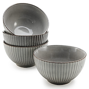 American Atelier Fluted Cereal Bowls | Set of 4 | Stoneware Soup Bowls Set for Kitchen | 22-Ounce Pasta, Ramen, Salad Bowl Set | Reusable, Microwave, and Dishwasher Safe (Gray)