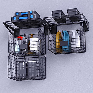 Heevir Garage Wall Shelving with Wire Basket, Heavy Duty Shelf Wall Mount Garage Organizer, Wire Basket with Garage Storage Rack Floating Shelves for Home Garden Workshop Organization and Storage