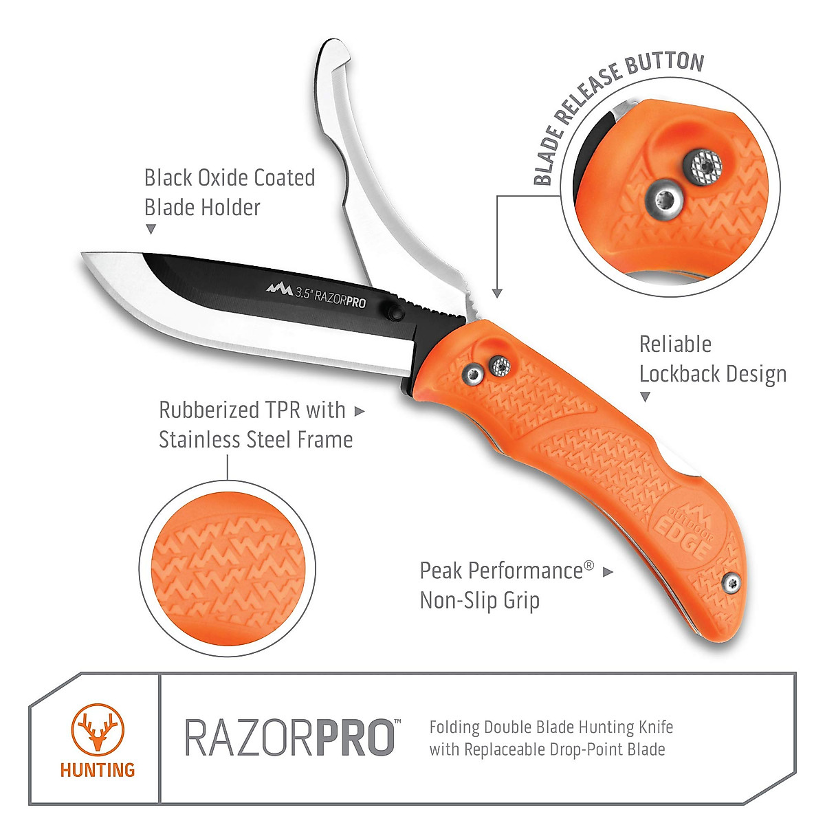 OUTDOOR EDGE RazorPro - Double Blade Folding Hunting Knife with Replaceable Razor Blade, Gutting Blade and Camo Nylon Sheath (Orange, 6 Blades)