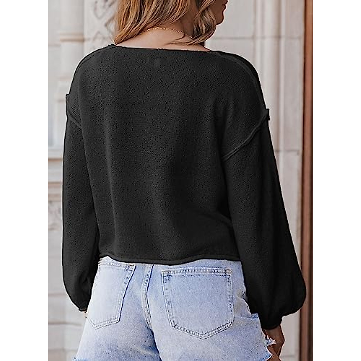 Dokotoo Women Fall Crochet Tops 2023 Spring Summer Trendy Outfits Clothes V Neck Cropped Sweaters Long Sleeve Lightweight Comfy Thin Knitted Casual Sweater Pullover Jumper Winter Clothes Black Medium