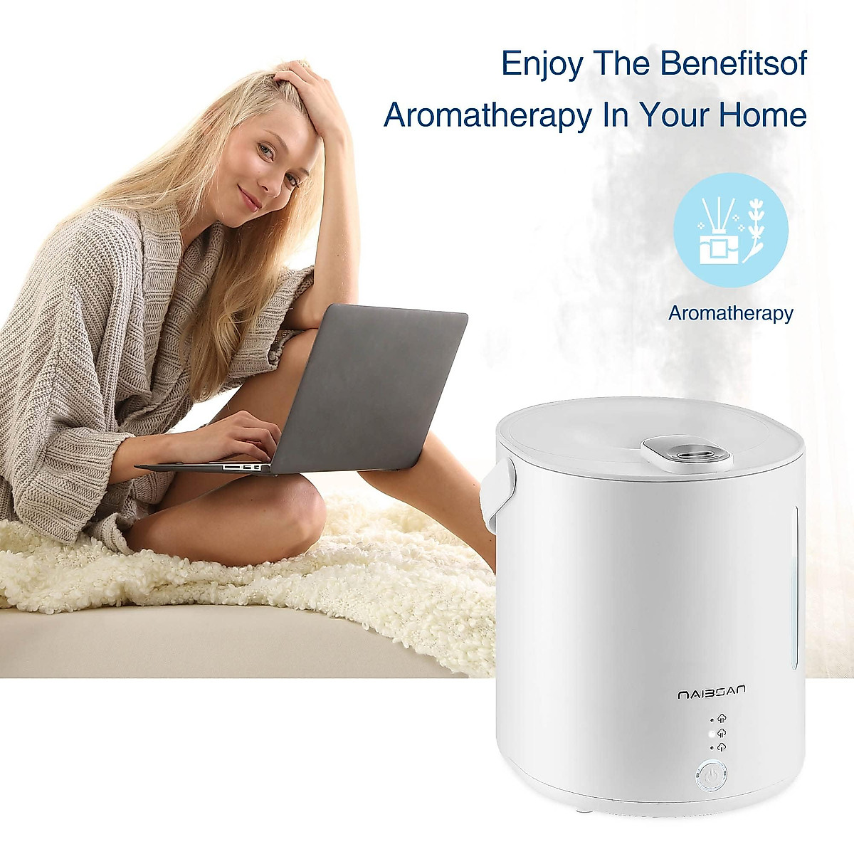 Naibsan Humidifiers for Bedroom, 2.8L Top Fill Cool Mist Humidifiers for Large Room, Quiet Ultrasonic Humidifiers with Essential Oil for Baby Nursery and Plant, Auto Shut-off & BPA-Free