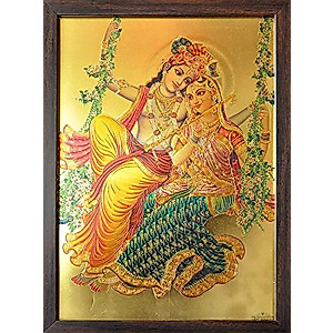 Handicraft Store OFS- Lord Krishna & Radha Enjoying jhula and Radha Playing Flute, A Elegant, Decorative, Religious Picture Poster with Frame, Must for Office/Home and Religious Purpose