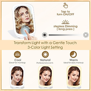 Woltechz Rechargeable Travel Makeup Mirror with Light, 10X Magnifying Mirror, 3 Color Lighting, Dimmable Touch Screen, Portable Ultra Slim Folding Lighted Makeup Mirror