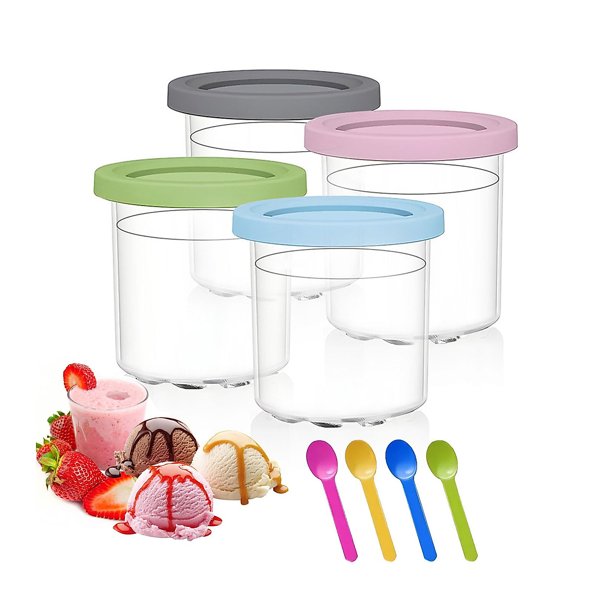 CDOUTSUN 4 Pack Ice Cream Containers Ice Cream Replacement Containers with 4 Colors Lids Airtight Anti-slip Food Container Sets Container Sets with spoon (Blue, Pink, Green, Grey)