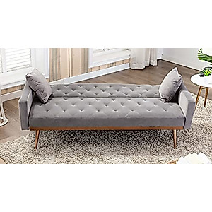 NOSGA Velvet Sofa, Convertible Loveseat Accent Sofa with Two Pillows, Modern Sleeper Sofa Couch Rose Gold Metal Feet for Living Room, Bedroom (Grey)