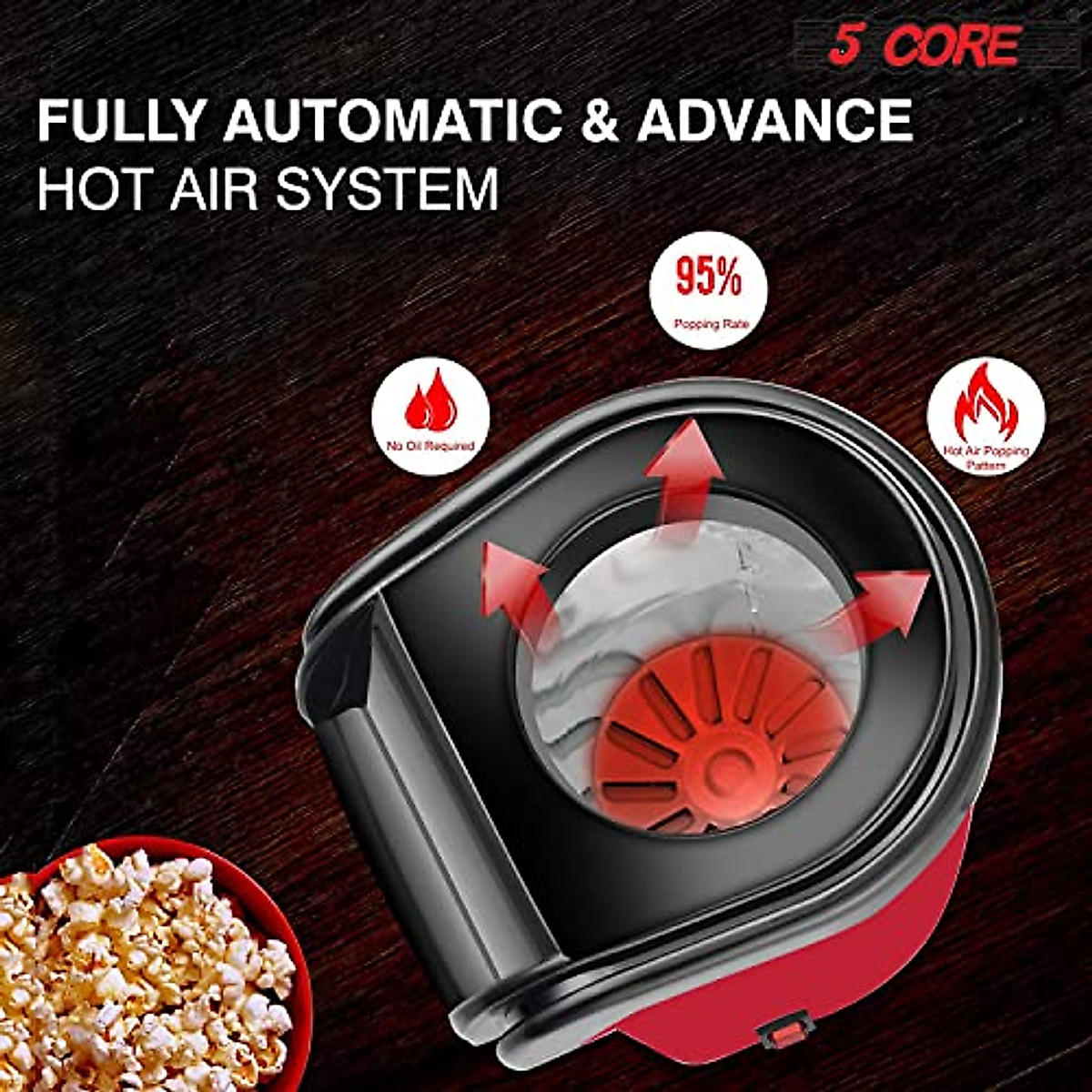 5 Core Hot Air Popcorn Popper 1200W Electric Popcorn Machine Kernel Corn Maker, Bpa Free, 16 Cups, 95% Popping Rate, 3 Minutes Fast, No Oil Healthy Snack for Kids Adults, Home, Party & Gift POP R