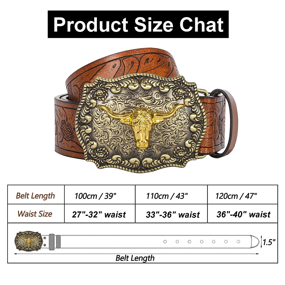 Mealah Men-Women-Western-Cowboy-Belt PU-Leather Floral Engraved-Bull-Buckle-Belts for Jeans (for 25" to 38" Waist)