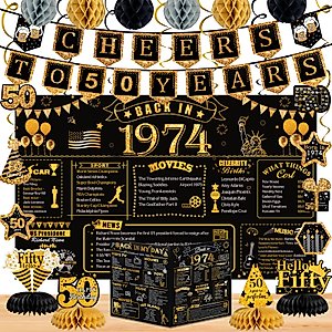 50th Birthday Decorations for Men Women: NO-DIY 20PCS Black Gold Back in 1974 Party Decor for Him Her - Vintage Cheers to 50 Years Banner Backdrop Greeting Card Swirls Honeycomb Balls Centerpieces