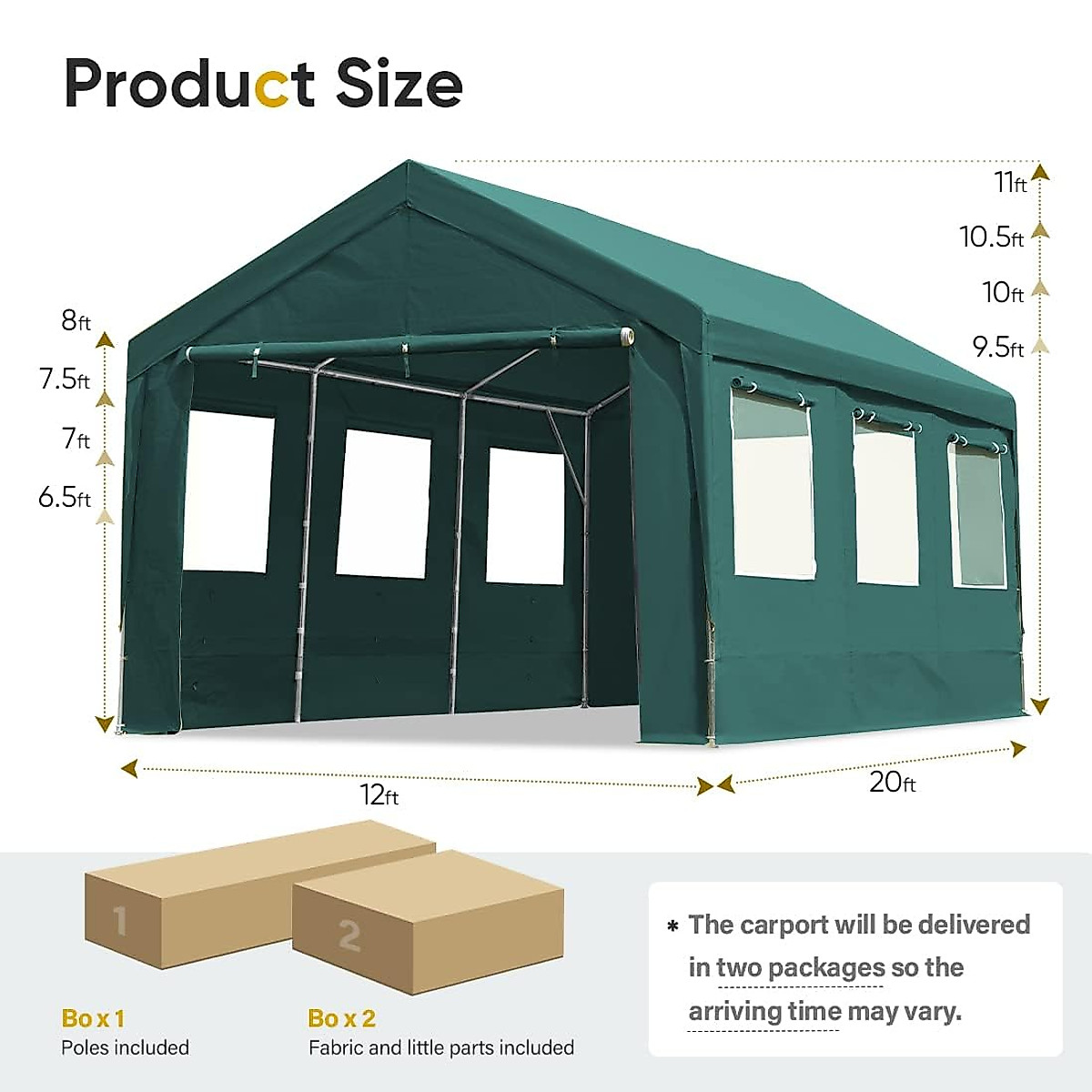 ADVANCE OUTDOOR 12x20 ft Heavy Duty Adjustable Carport with 6 Roll-up Ventilated Windows & Removable Sidewalls Car Canopy Garage Boat Shelter Party Tent, Peak Height from 9.5ft to 11ft, Green