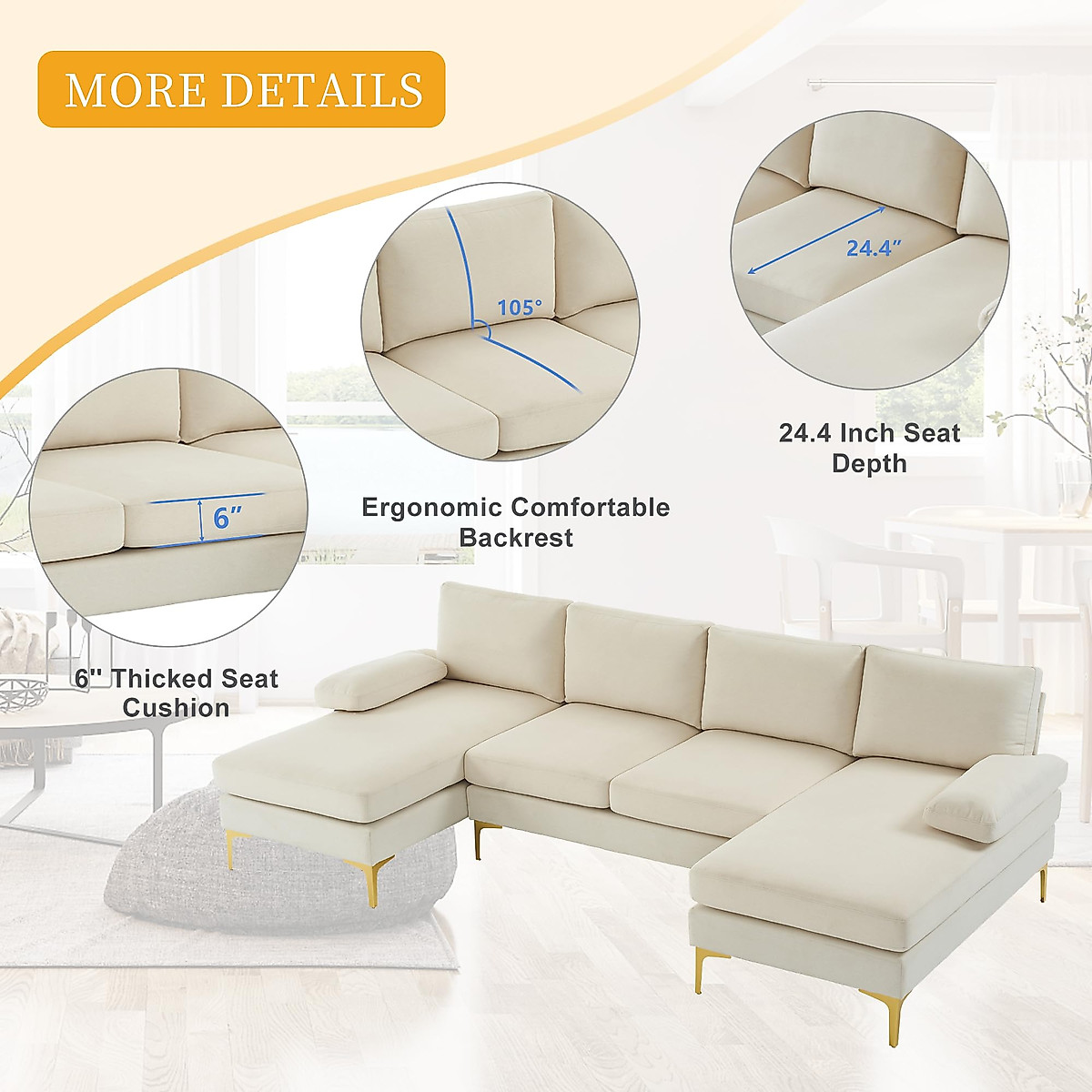 VERYKE Sectional Sofa Couch for Living Room, U Shaped Modern Sectional Sofa with Double Chaise,Minimalist Sectional Couch with Metal Leg for Home Office,Apartment (Linen Cream White)