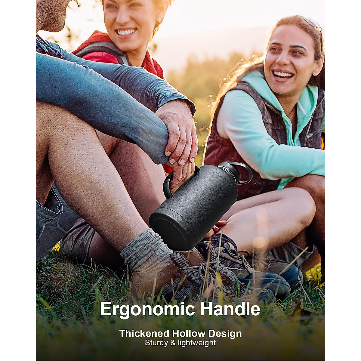 Trebo 64oz Water Bottle Insulated with Straw & 2 Lids,Half Gallon Double Wall Vacuum Stainless Steel Metal Large Jug with Handle,Wide Mouth Flask Mug with Carry Pouch,Keep Cold Hot,Black