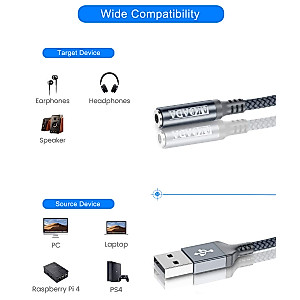 AkoaDa USB to Audio Jack Adapter(18cm), External Sound Card Jack Audio Adapter with 3.5mm Aux Stereo Converter Compatible with Headset,PC, Laptop, Linux, Desktops, PS4 and More Device (Grey)