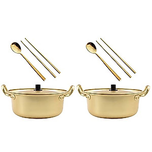 Hemoton 2 Sets Ramen Pot, Korean Ramen Cooking Pot with Lid Spoon and Chopsticks (1pair), Korean Ramen Noodle Pot Korean Stockpots with Double Handle (6.3inch/ 16cm)