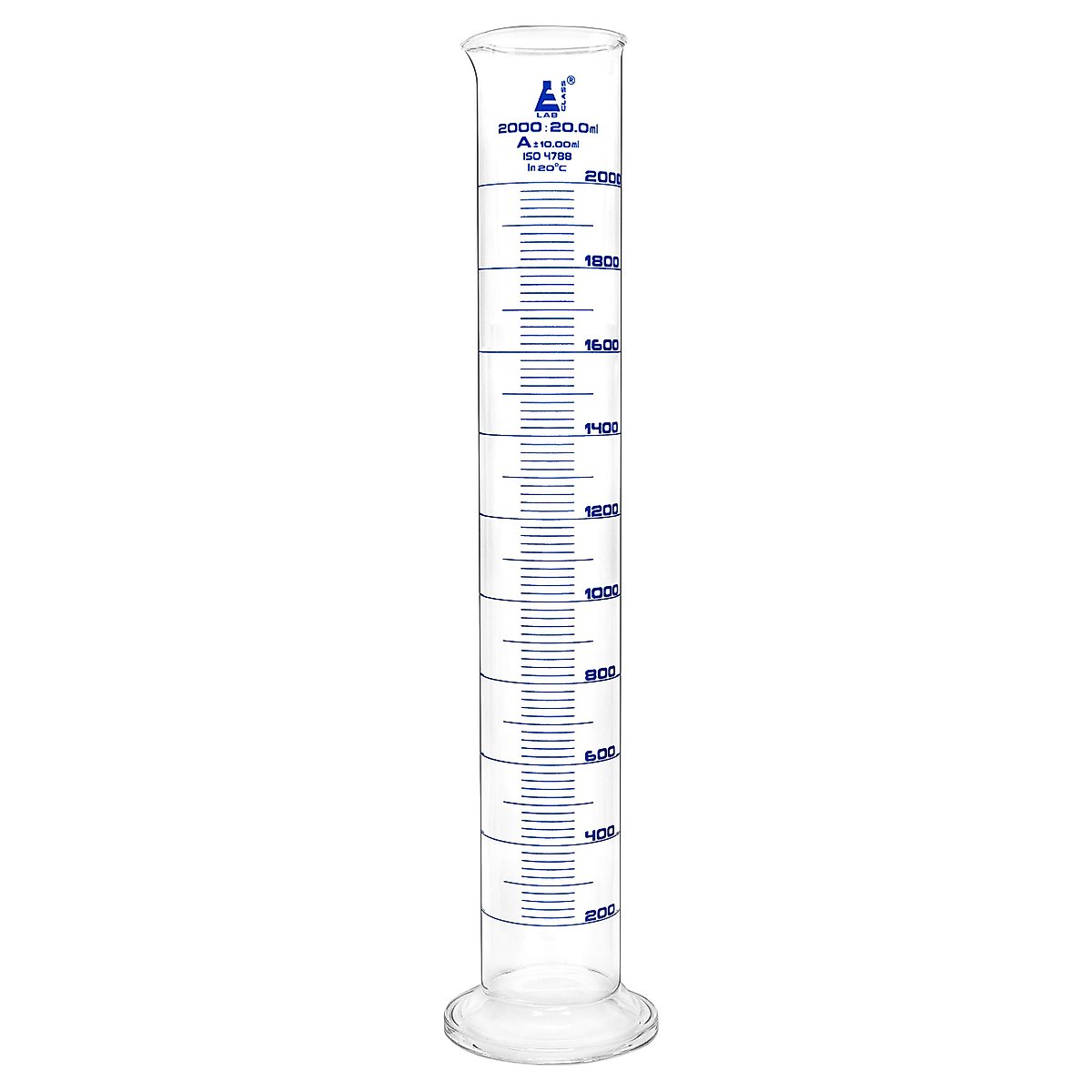 EISCO Graduated Cylinder, 2000ml - Class A Tolerance ±10.0ml - Round Base - Blue Graduations - Borosilicate 3.3 Glass