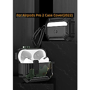 MiRUSI for Airpods Pro 2 (2022) Case Cover with Secure Lock Clip, Military Armor Style Full-Body Rugged Hard Shell with Carabiner,Shockproof Protective Case Cover Supports Wireless Charging(Green)