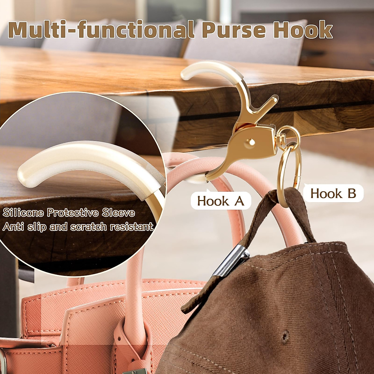 MAGTOBO Handbag Holder More Versatile Purse Hook Hanger for Table with Circular Carabiner Clip Fits on Car, Back of Chairs, Door..