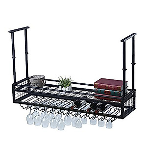 Industrial Hanging Wine Rack with Glass Holder and Shelf,Adjustable Ceiling Bar Wine Glass Rack,2-Layer Metal Wall Mounted Wine and Glass Rack,Iron Bottle Holder Wine Shelf(47.2in,Black)