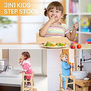 Toddler Tower, Kitchen Stool Helper for Toddlers, Learning Wooden Tower with Chalkboard and Backrest, 3 in 1 Kitchen Standing Tower, Foldable Weaning Table with Safety Rail, Step Stool Montessori